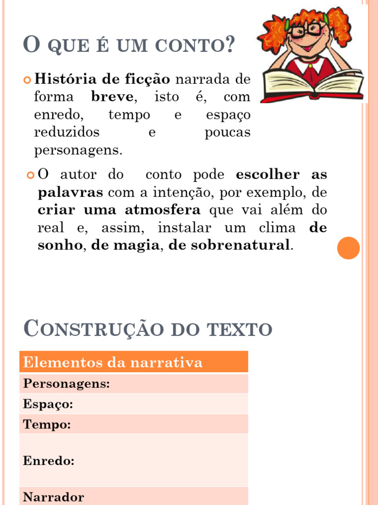 Características Do Conto (Slides) | PDF | Narrativa | Enredo (narrativa)