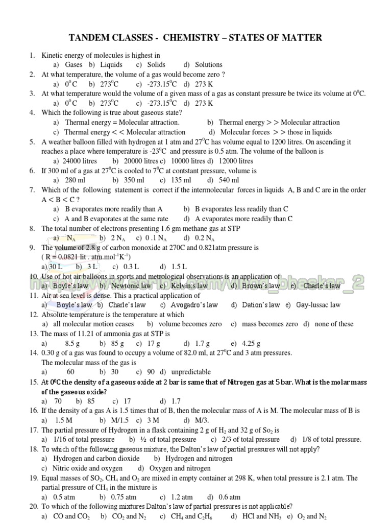 States of Matter - Entrance Exam Model Question Paper 2012 | Gases ...