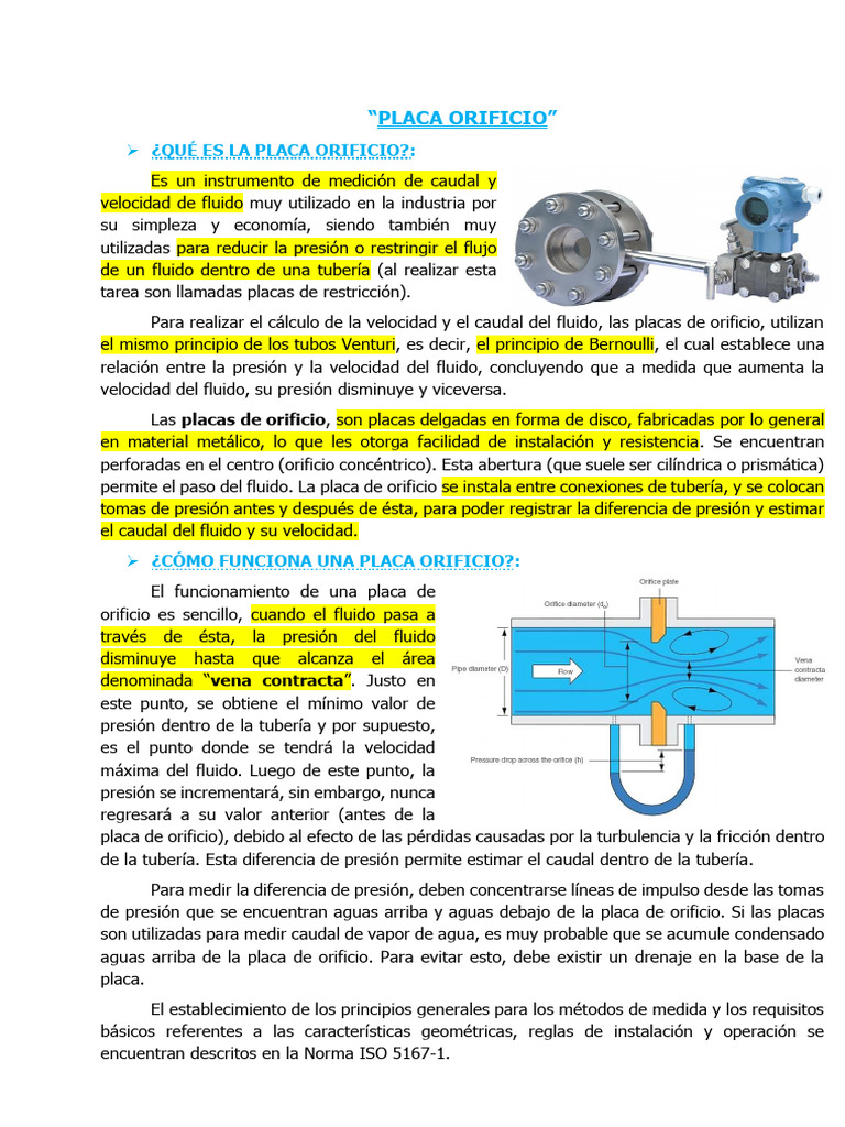 Placa Orificio | PDF | Descarga (hidrología) | Presión