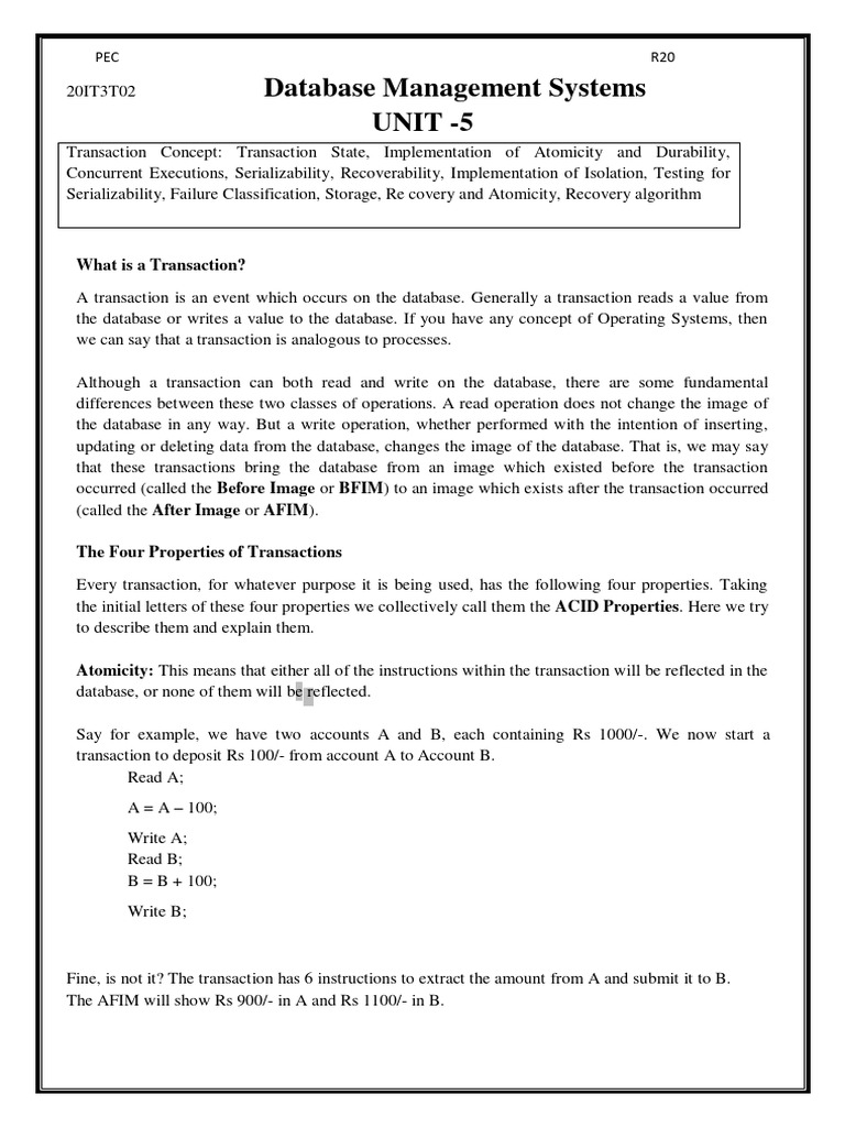 Dbms Unit-5 (Transactions and Recovery) | PDF