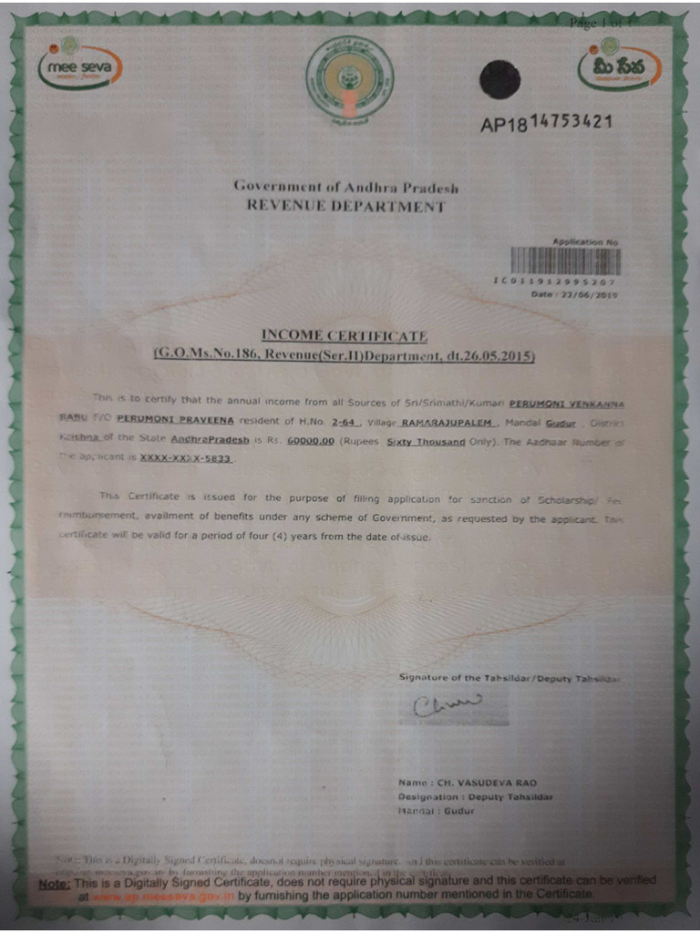 Pravina Income Certificate | PDF