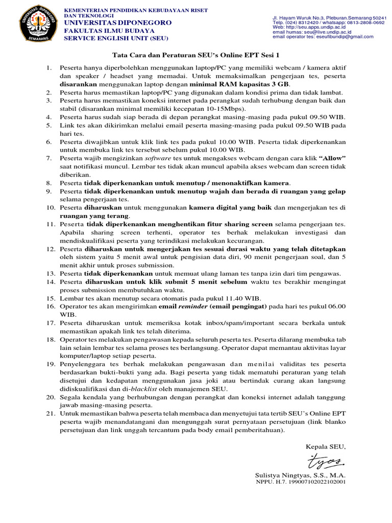 Tata Cara Dan Peraturan SEU's Online EPT Sesi 1 | PDF