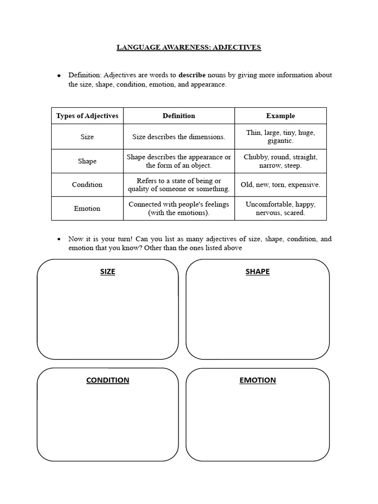 DESCRIPTIVE ADJECTIVES - SIZE, SHAPE, CONDITION, EMOTION WORKSHEET ...