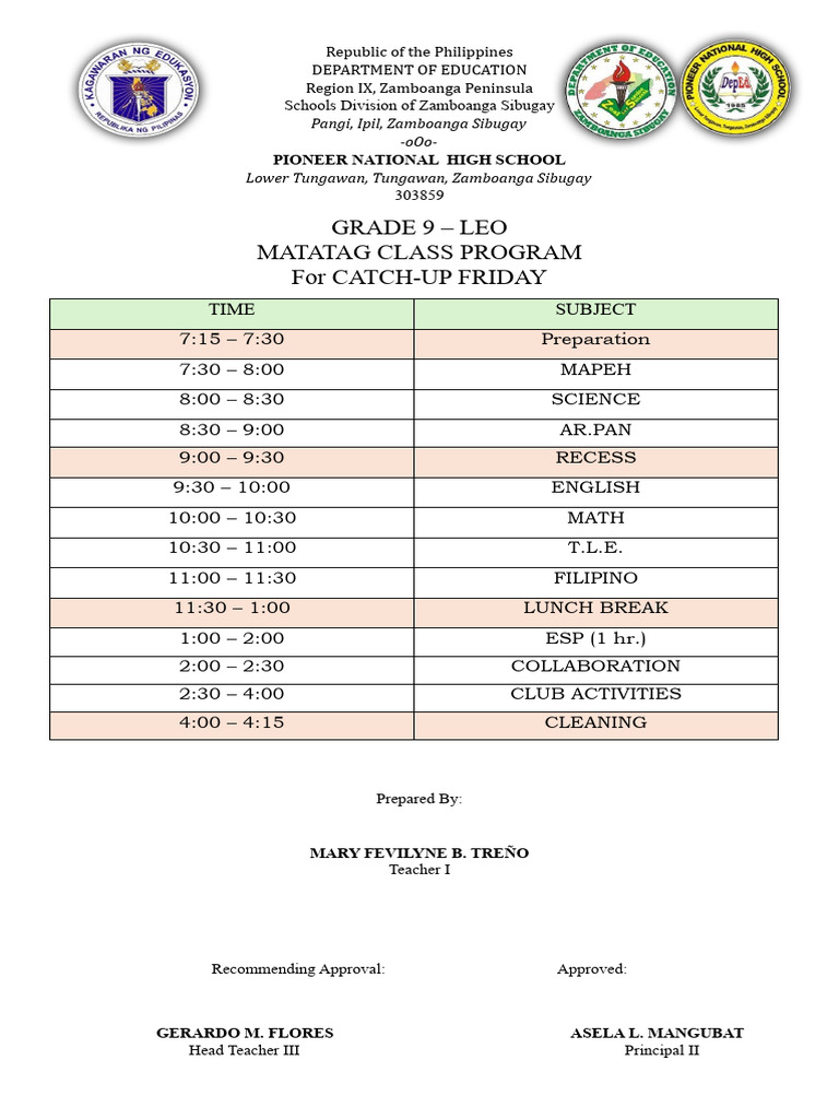 Grade 9 Class Program Catch Up Friday | PDF