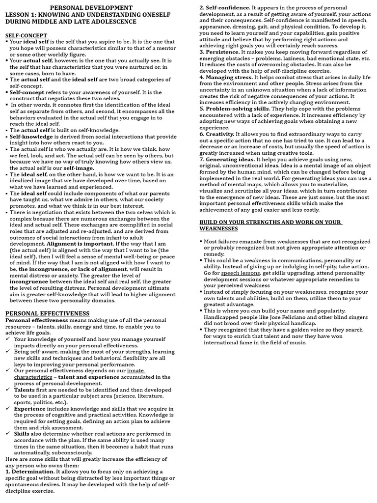 Perdev Handout Lesson 1-4 | PDF | Adolescence | Self Concept