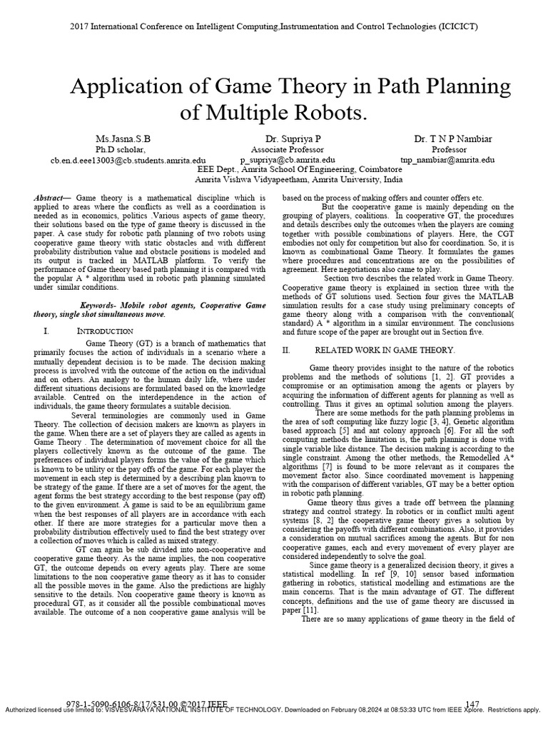 Application of Game Theory in Path Planning of Multiple Robots | PDF | Game Theory ...