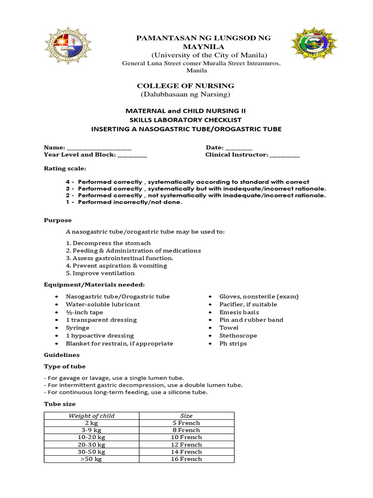 Nasogastric Tube Insertion Checklist | PDF | Diseases And Disorders ...