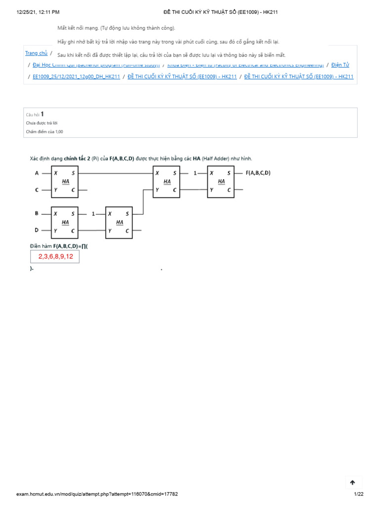 ĐỀ THI CUỐI KỲ KỸ THUẬT SỐ EE1009 HK211 | PDF