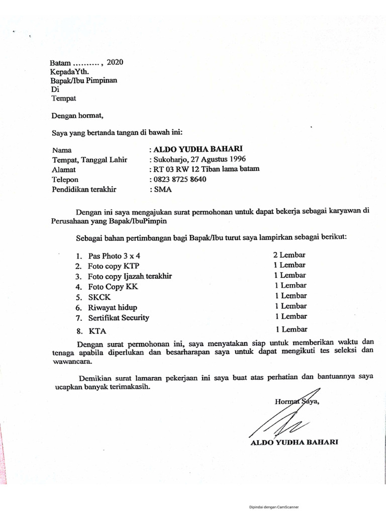 Lamaran Aldo Yudha Bahari | PDF