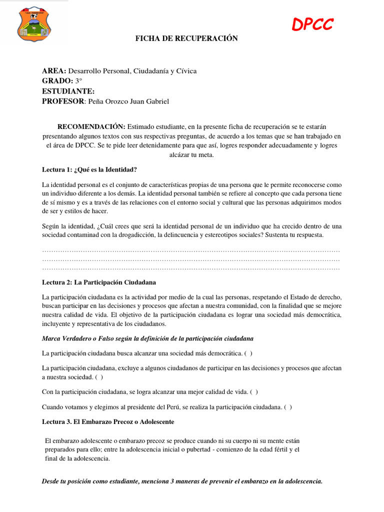 Ficha de Recuperación DPCC 3° | PDF | Pubertad | Adolescencia