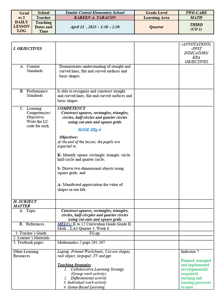 CO1-LESSON-PLAN-math Q3-2023 | PDF | Curriculum | Learning