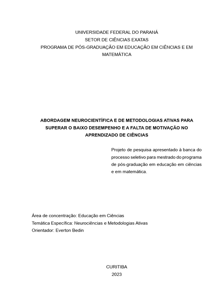 Modelo Projeto de Pesquisa Mestrado | Download grátis PDF | Aprendizado | Motivacional