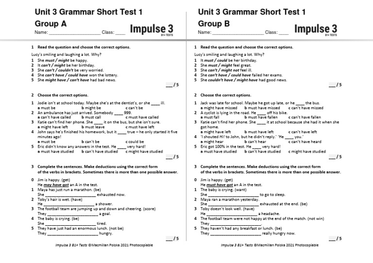 Unit 3 Grammar Short Test 1 A B | PDF