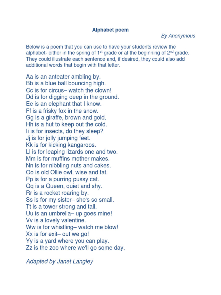 Alphabet Poem for Young Learners | PDF