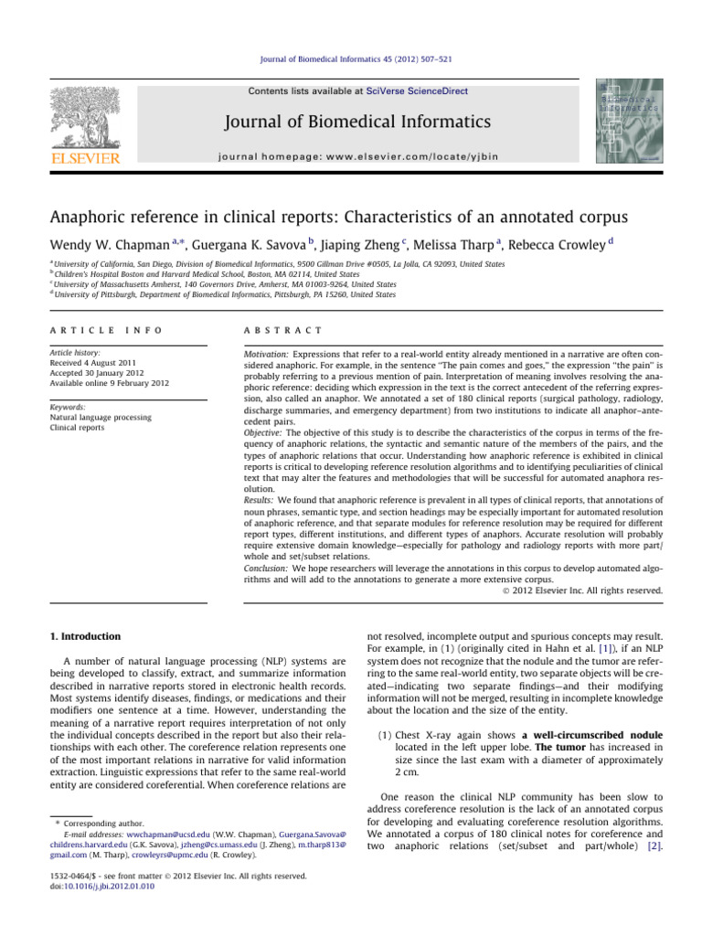 Anaphoric Reference in Clinical Reports Character - 2012 - Journal of ...