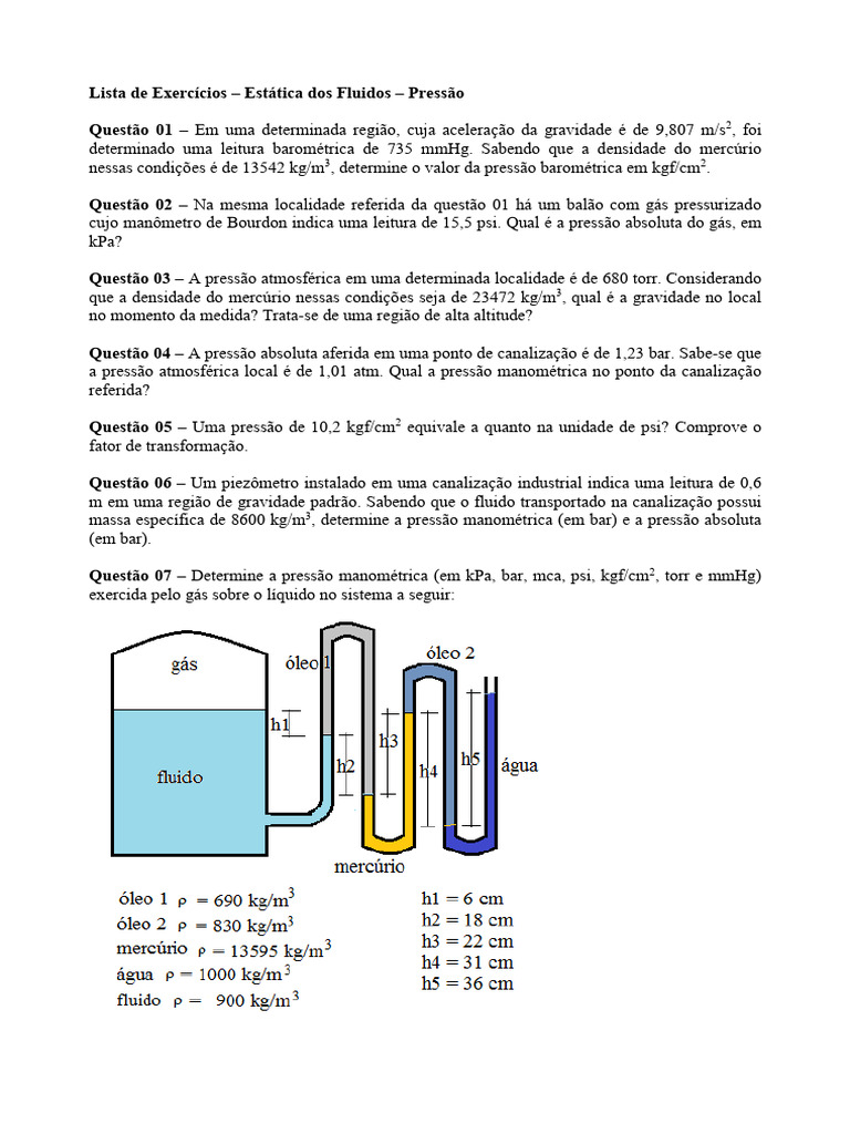 Lista de Exercícios - Pressão - MecFlu | PDF