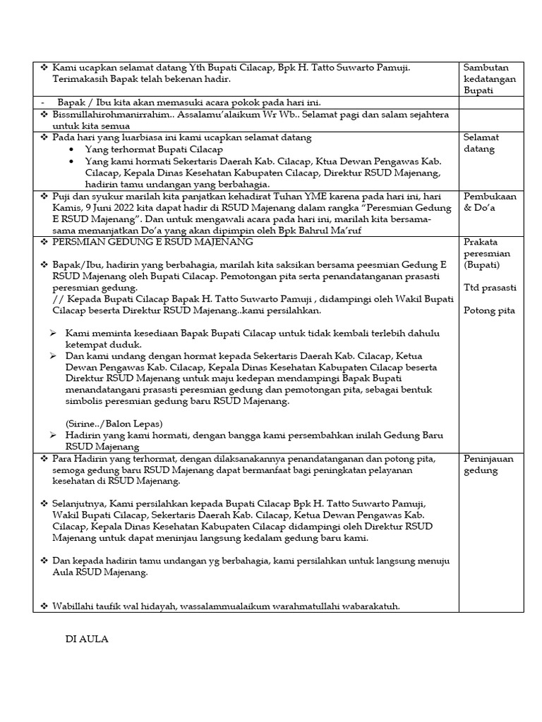 Draft MC Peresmian Gedung RSUD Majenang | PDF
