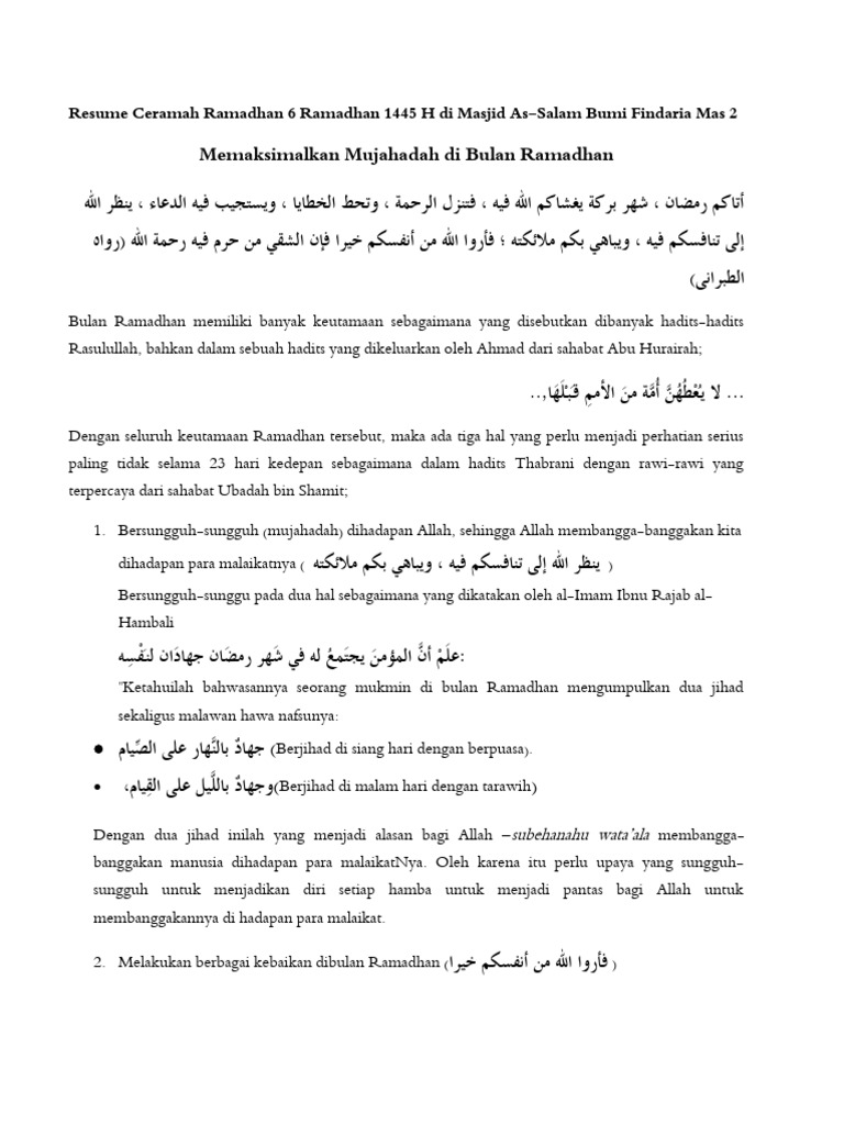 Resume Ceramah Ramadhan 6 Ramadhan 1445 H | PDF