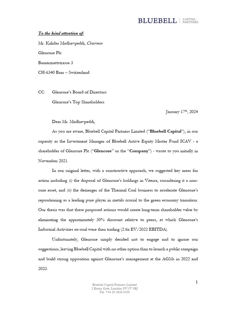 Bluebell Letter To Glencore (17 January 2024) | PDF | Glencore | Dividend