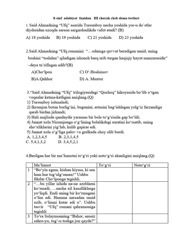 8-adabiyot Demo | PDF