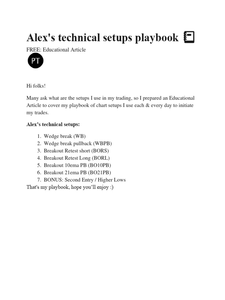 Alex's Technical Setups Playbook | PDF | Day Trading | Market (Economics)