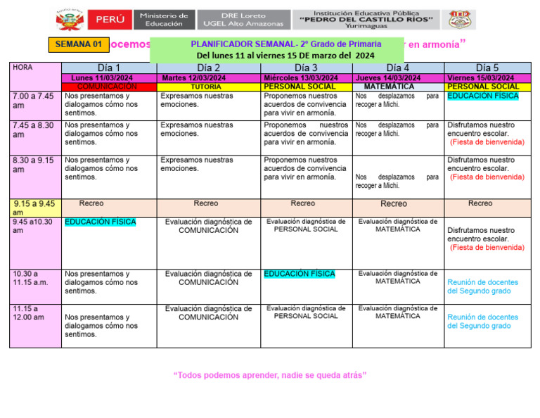 Planificador Semanal Segundo Grado Del 11 Al 15 de Marzo 2024 | PDF