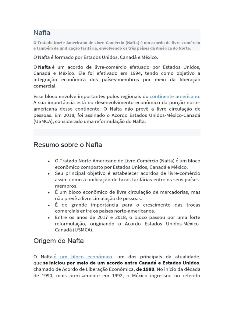 Nafta: Resumo Sobre o Nafta | PDF | Acordo de Livre Comércio da América ...