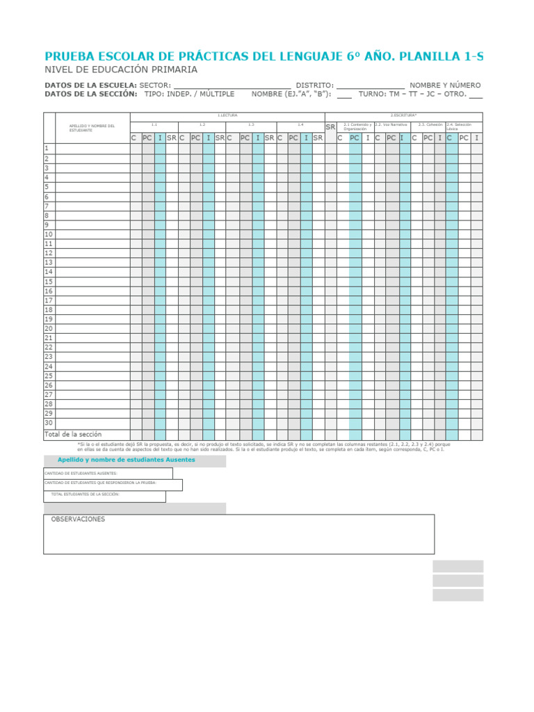 Planilla -1 Sección 6to Año PL 2023-3 | PDF