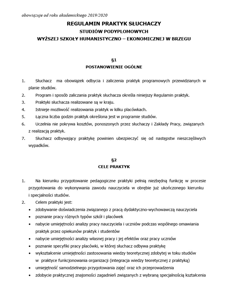 Regulamin Praktyk Studiow Podyplomowych | PDF