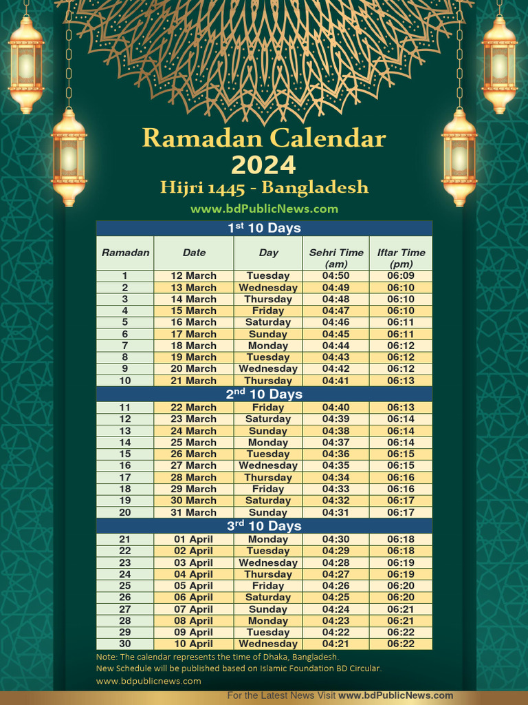 Ramadan 2024 Calendar Bangladesh Sehri Iftar Time Table | PDF