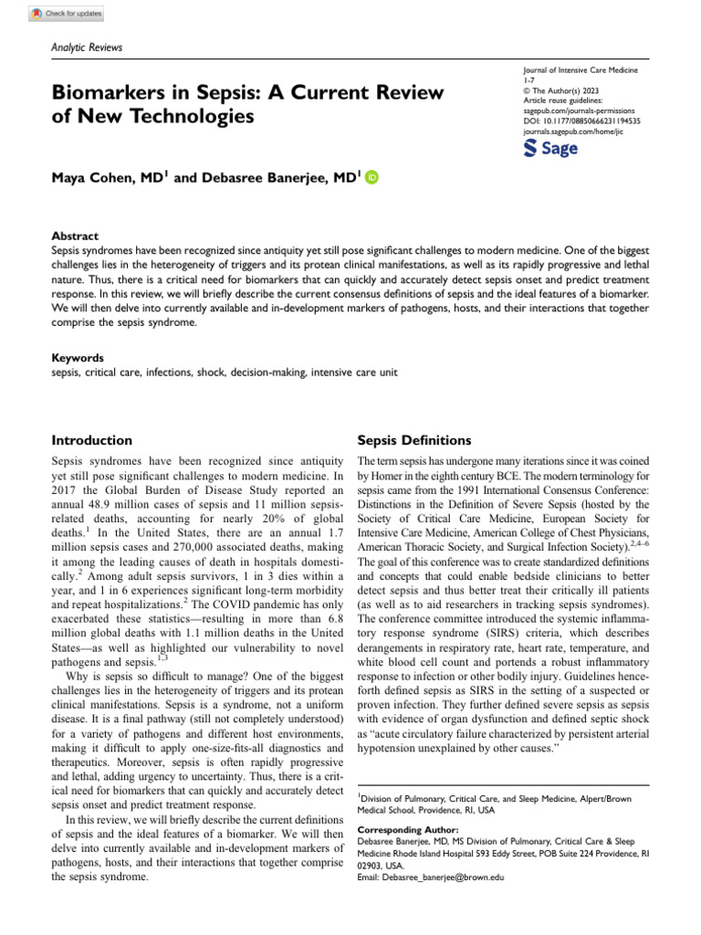 Biomarkers In Sepsis A Current Review Of New Technologies Pdf Dna