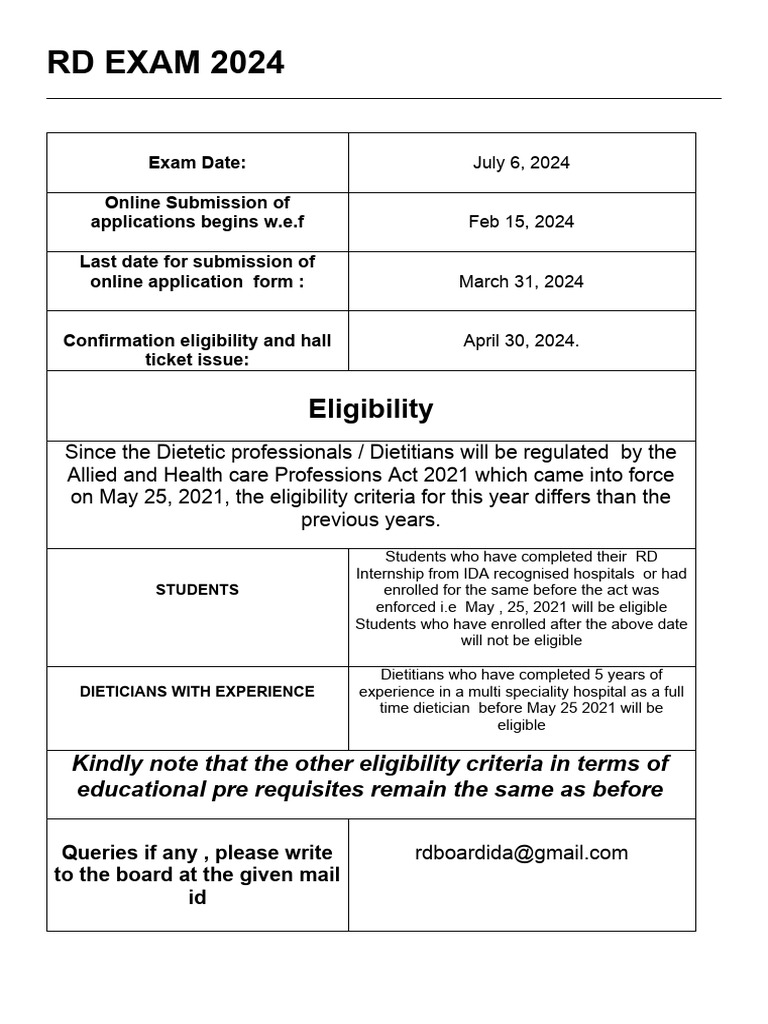 RD Exam 2024 Notice | PDF