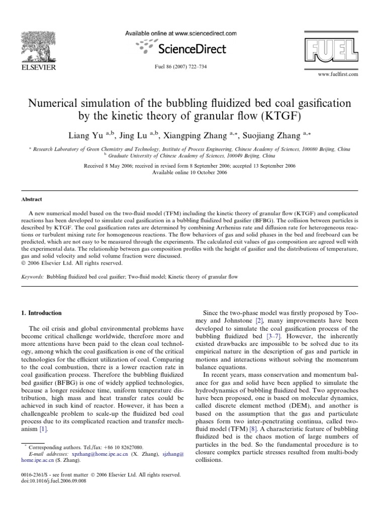 Numerical Simulation of The Bubbling Fluidized Bed Coal Gasification by ...