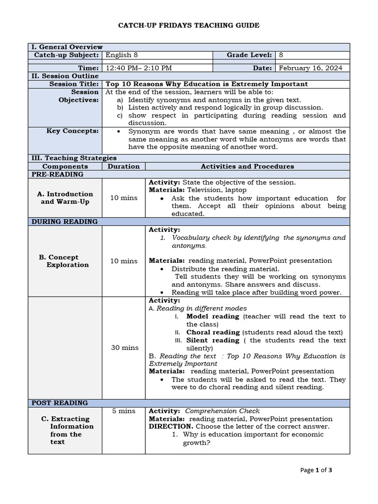 TG_Eng 8- Activity 1 (Noting Details) - Copy | PDF | Cognitive Science ...