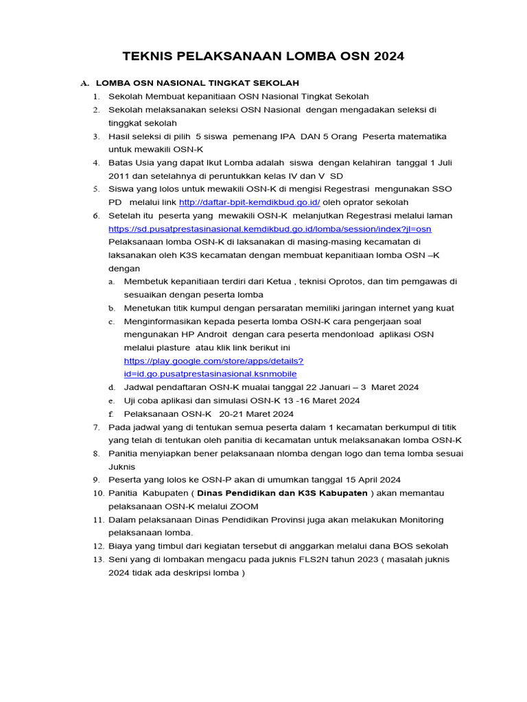 Petunjuk Teknis Pelaksanaan Lomba Osn 2024 | PDF