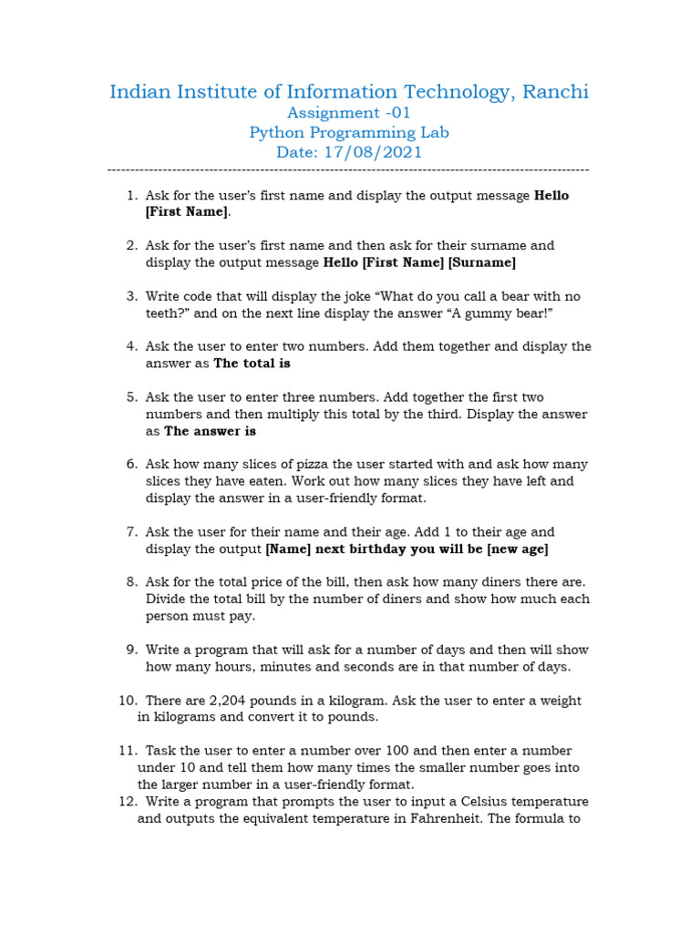 Python Programming Assignment 01 | PDF Python Programming Assignment 01 | PDF