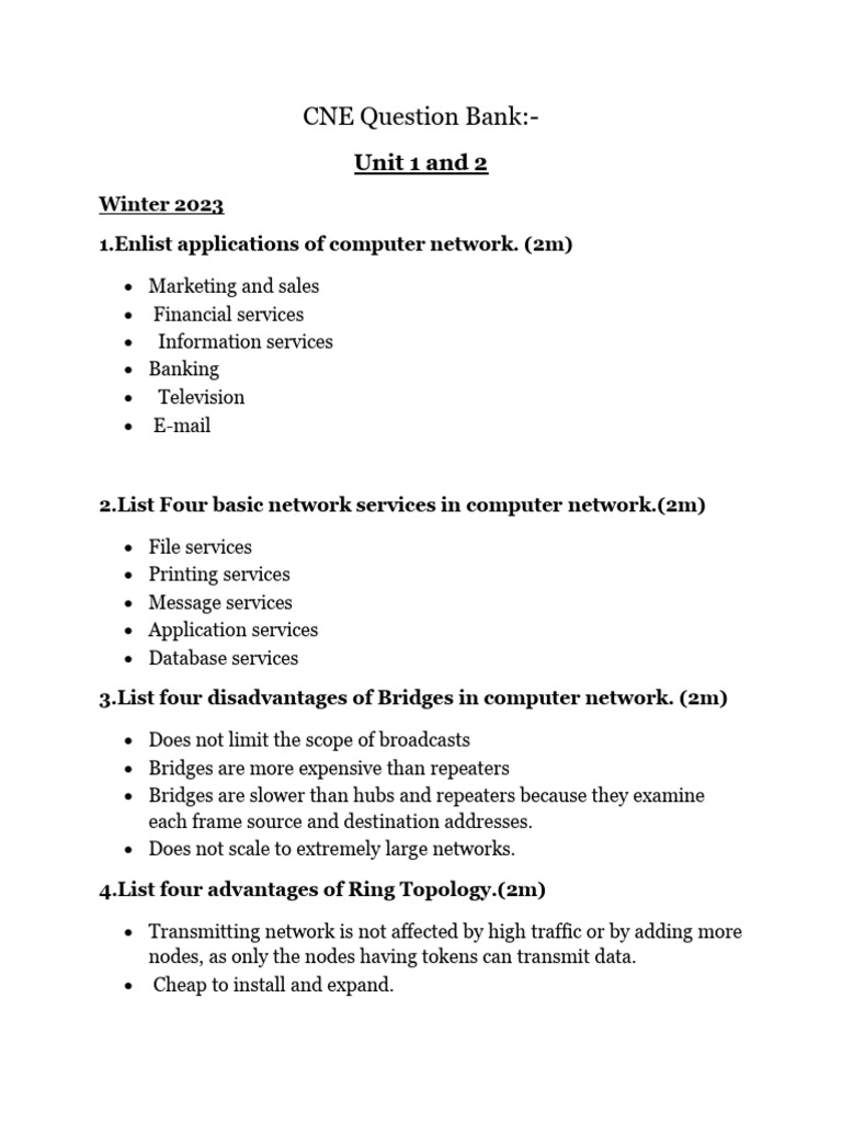 Winter 2023 CNE Question Bank | PDF | Computer Network | Network Topology