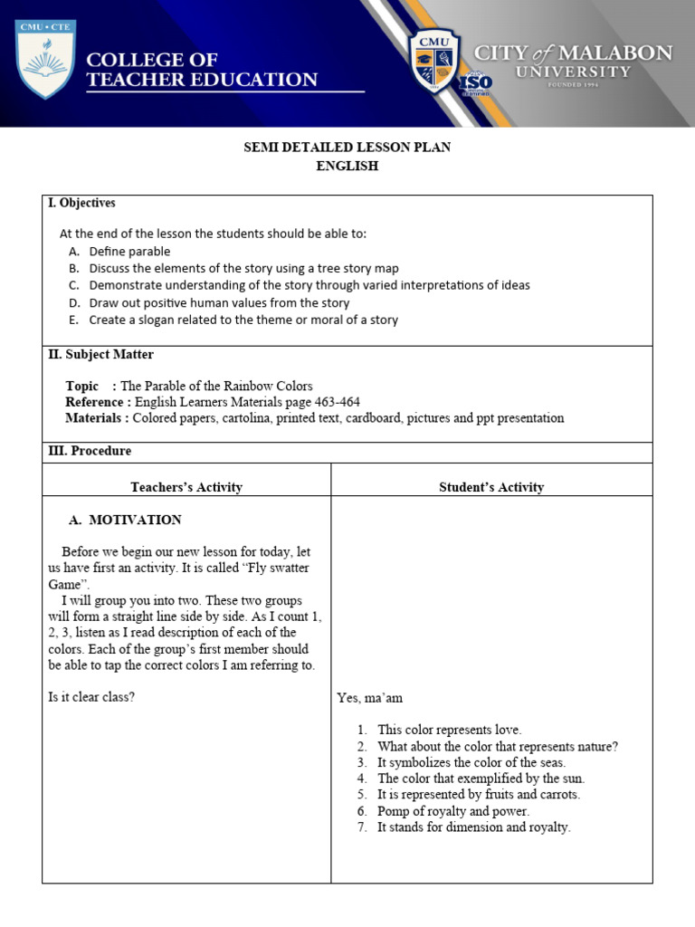 SEMI DETAILED LESSON PLAN_Parable | PDF | Parable | Lesson Plan