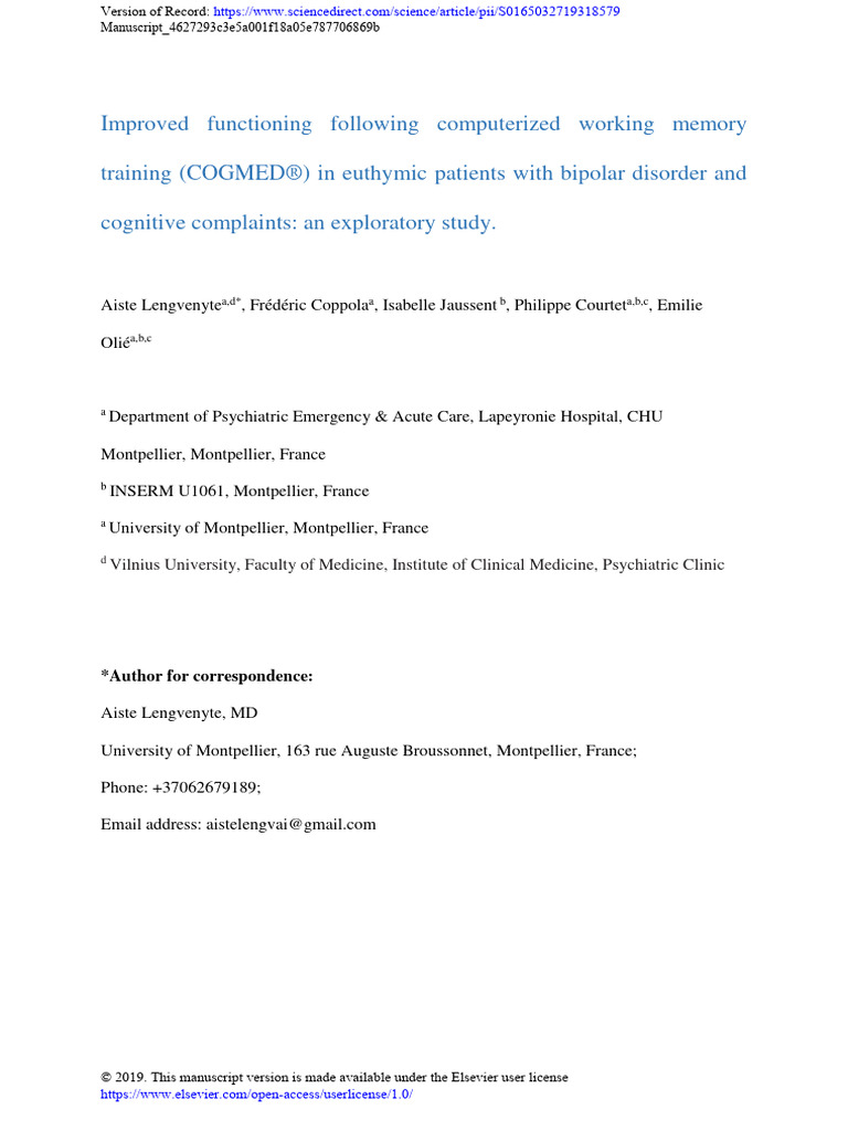 Improved Functioning Following Computerized Working Memory Training (COGMED®) in Euthymic ...