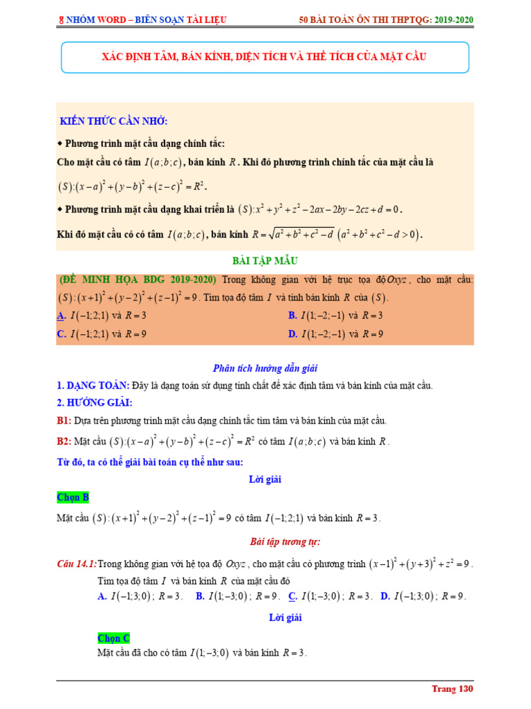 Xac Dinh Tam Ban Kinh Dien Tich Va The Tich Cua Mat Cau | PDF