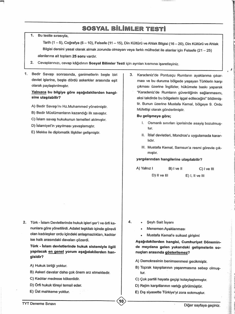 Tyt Sosyal Bilimler Denemesi 3 | PDF