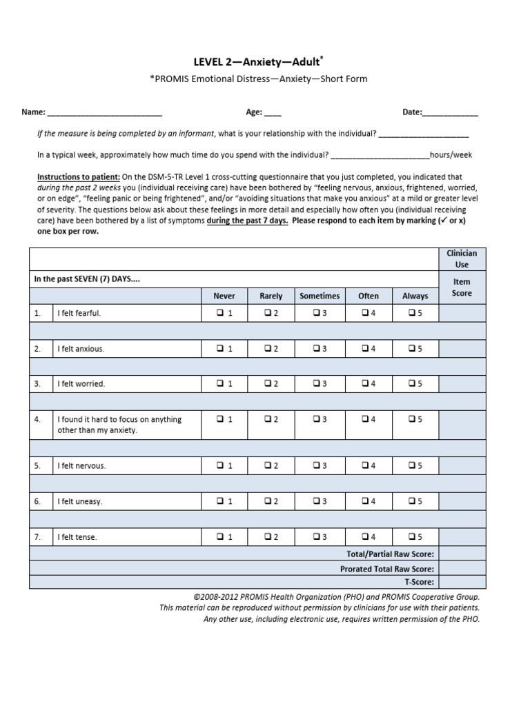 LEVEL 2-Anxiety-Adult (PROMIS Emotional Distress-Anxiety - Short Form ...
