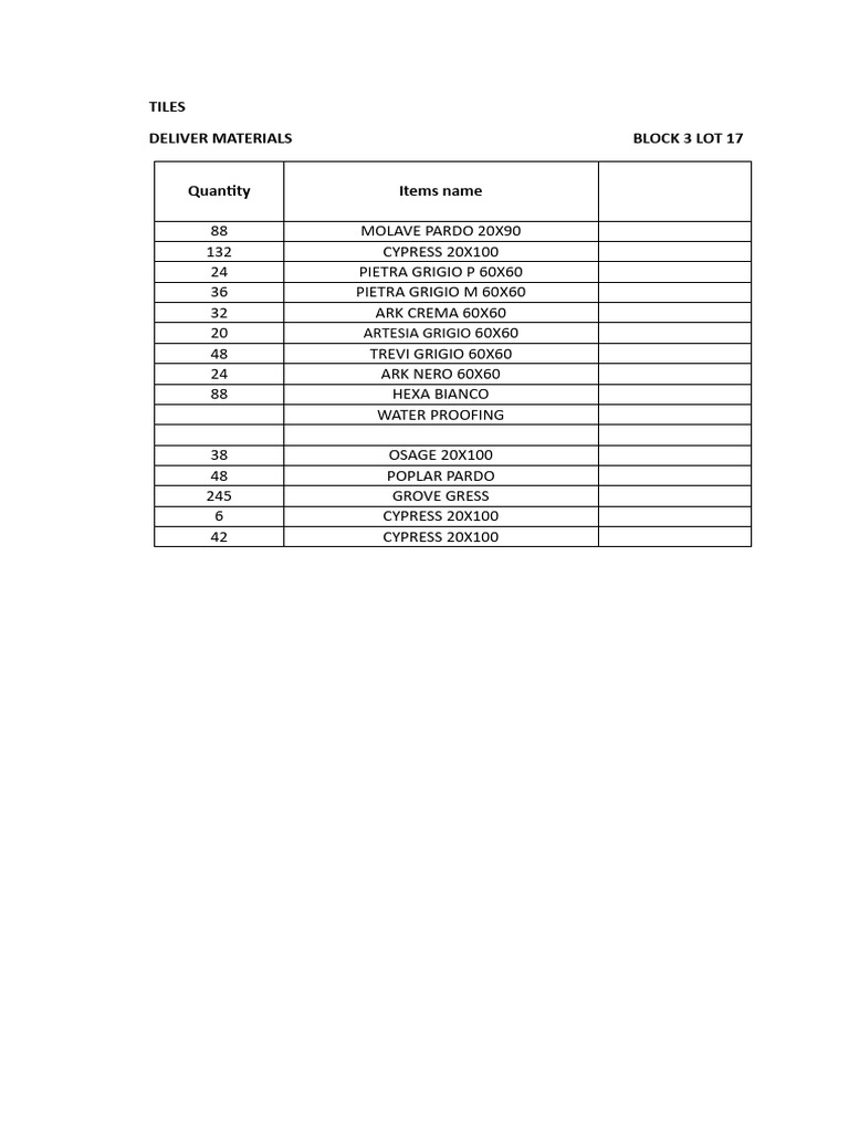 Tile Installation Inventory List | PDF | Bedroom | Room