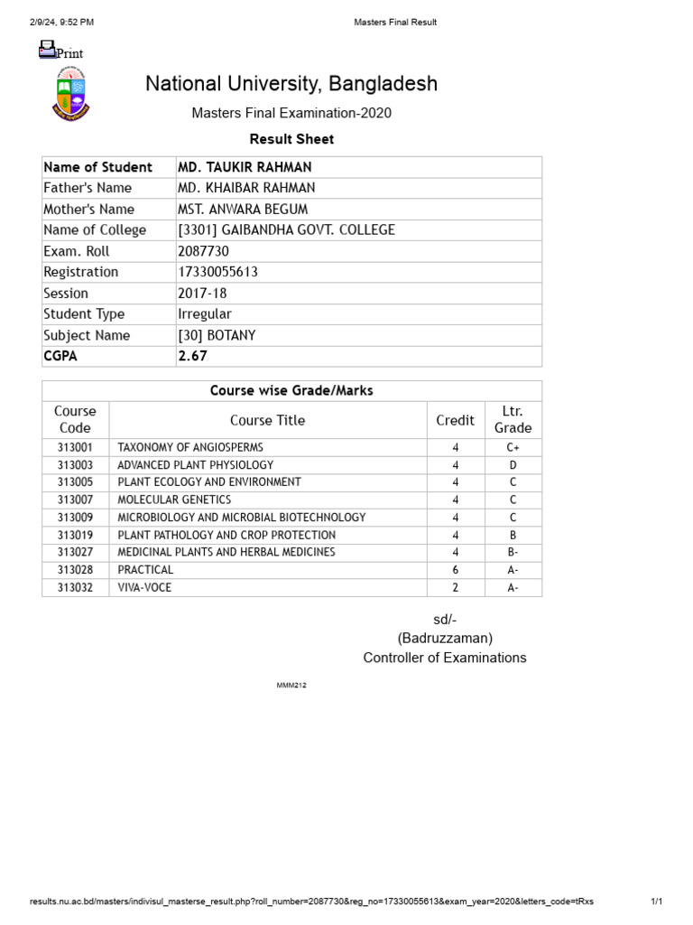 Masters Final Result | PDF | Botany | Biology