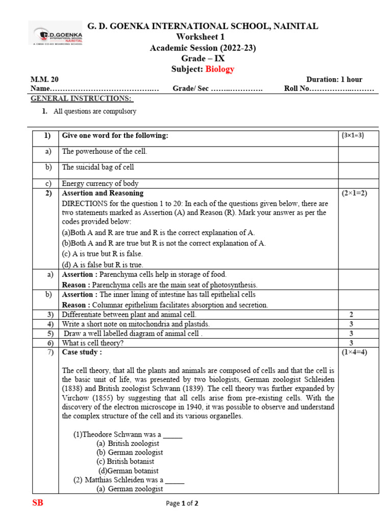 9 Bio WS 1 | PDF | Biology | Cell Biology