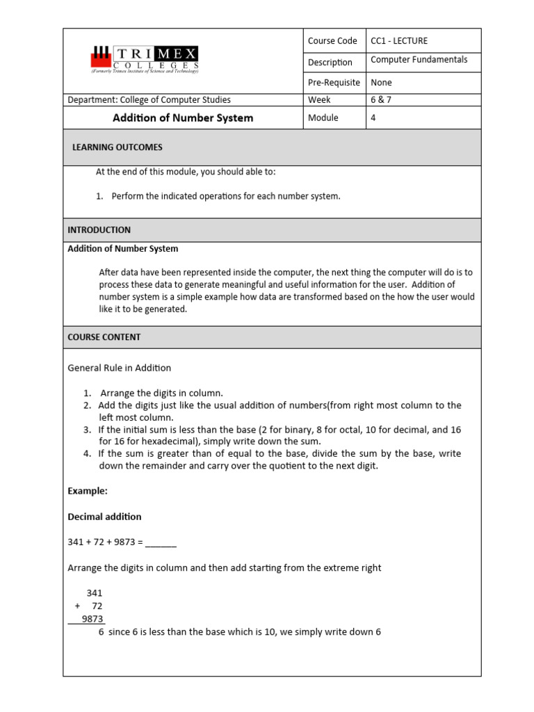 Cc1 Module 4 Addition of Number System | Download Free PDF | Numbers | Mathematical Notation