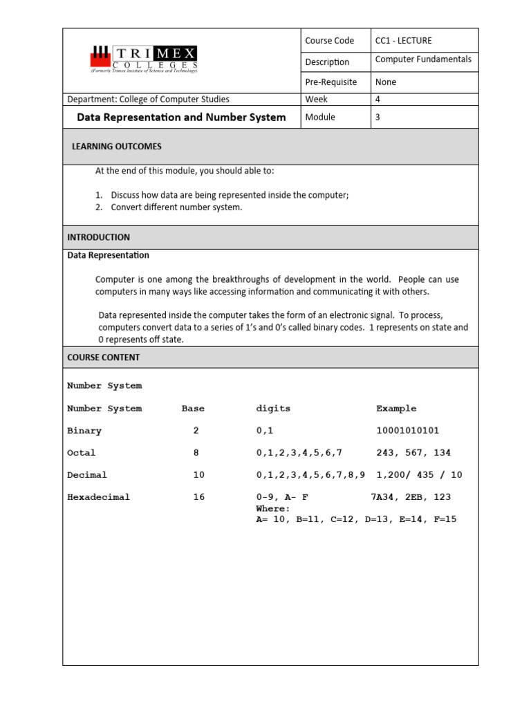 Cc1 Module 3 Data Representation and Number System | PDF | Decimal | Computer Science