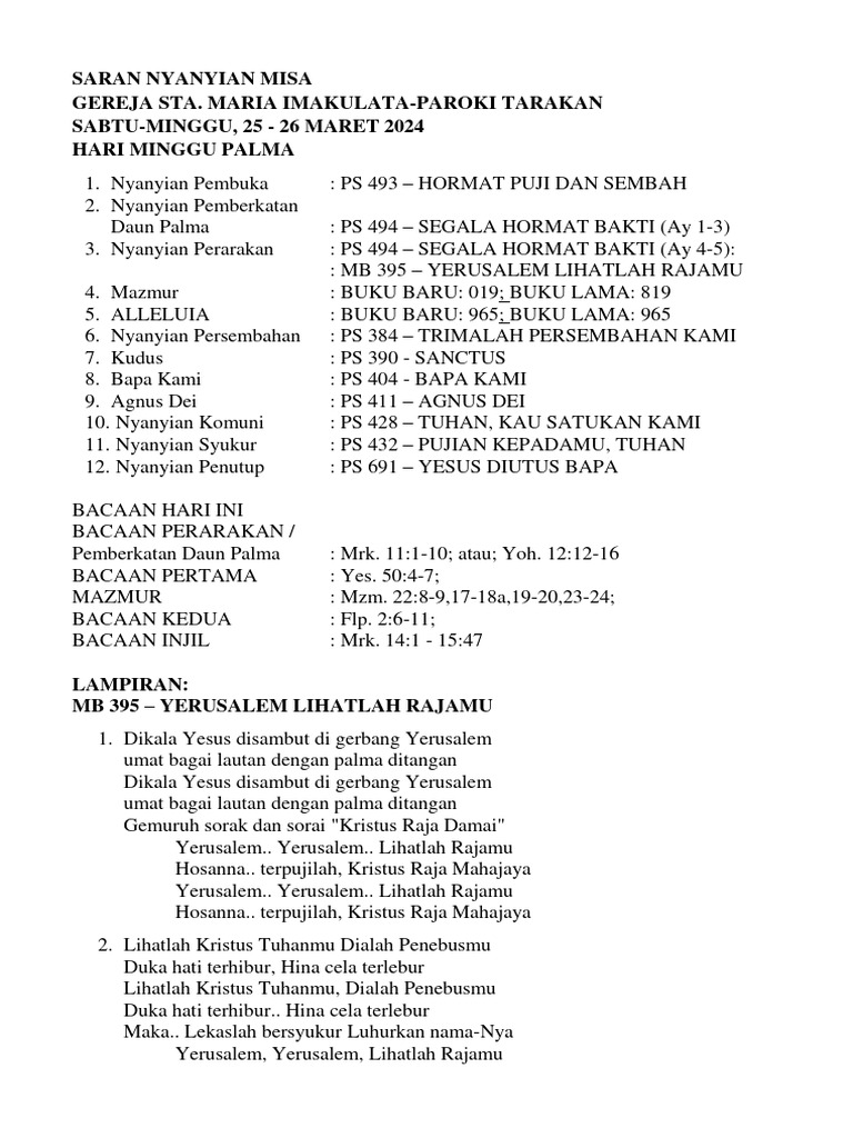 Saran Nyanyian Misa Minggu Palma 2024 | PDF