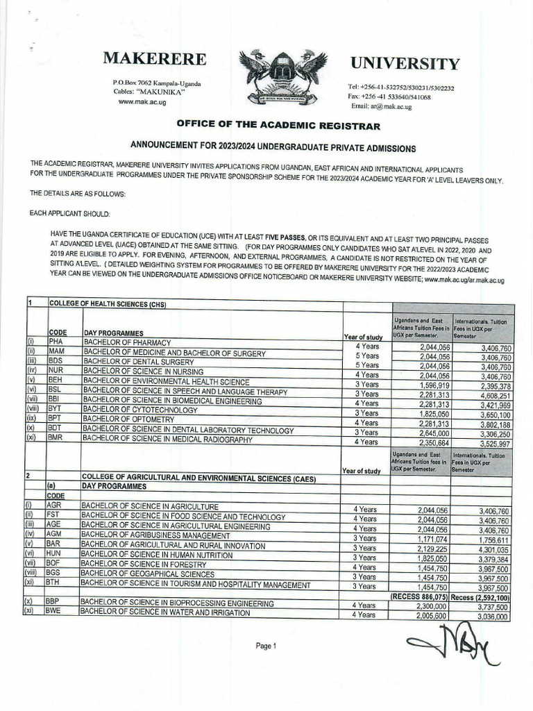 Announcement For 2023-2024 Undergraduate Private Admissions | PDF