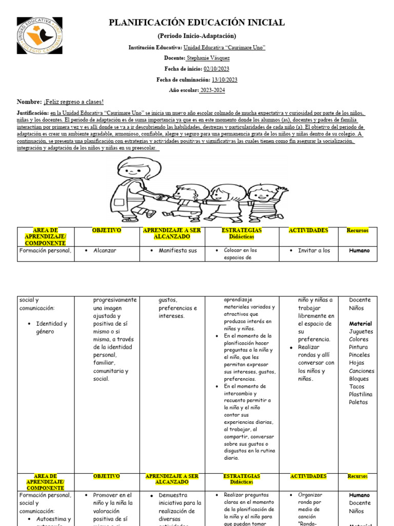 PLANIFICACIÓN EDUCACIÓN INICIAL | PDF | Educación de la primera infancia | Aprendizaje